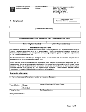 Fillable Online Insurance Complaint Form - Saskatchewan Fax Email Print ...