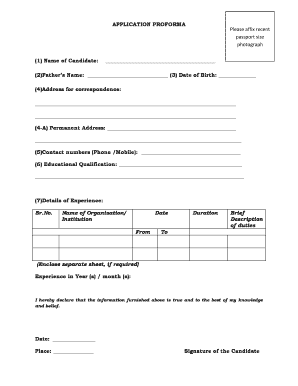 Fillable Online APPLICATION PROFORMA passport size photograph Fax Email ...