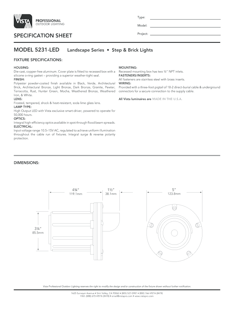 Fillable Online Type: Model: Project: SPECIFICATION SHEET MODEL 5231LED Landscape Series Step ...
