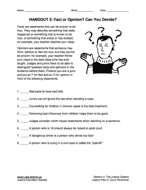 Fillable Online lawlessons HANDOUT 3 Fact or Opinion Can You Decide ...