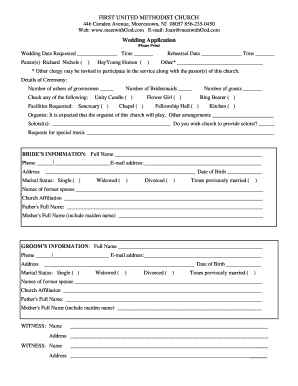 Fillable Online Wedding Application - First United Methodist Church Fax ...