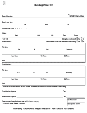 Fillable Online fraseracademy Student Application Form 20132014 School Year Student Information ...