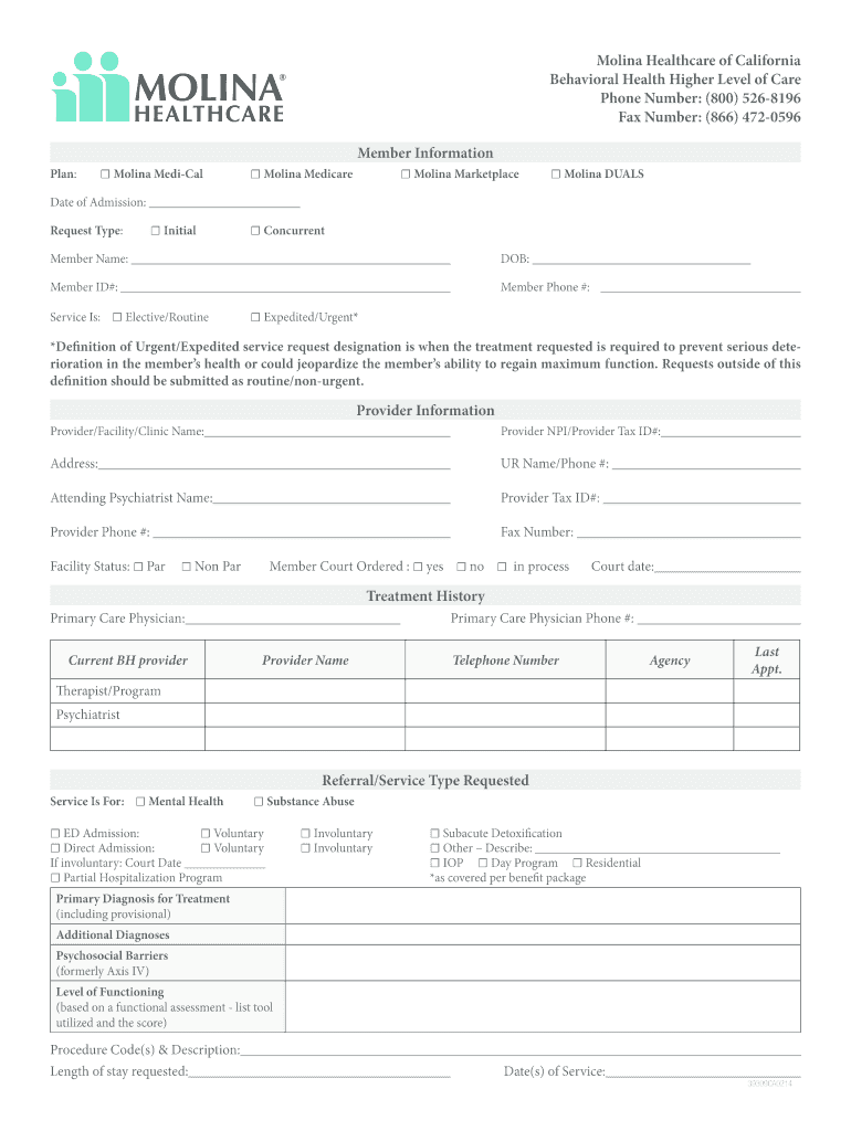 Fillable Online Molina Healthcare of bCaliforniab Behavioral Health ...