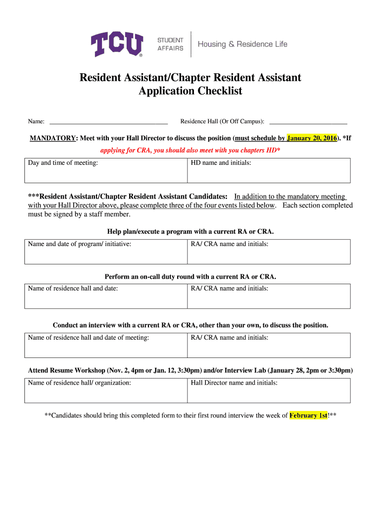 Fillable Online rlh tcu Resident AssistantChapter Resident Assistant ...