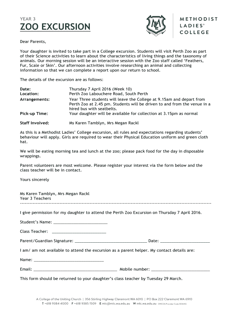 Fillable Online parent mlc wa edu Year 3 Zoo Excursion Letter ...