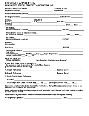 Fillable Online CO-SIGNER APPLICATION QUAD CITIES RENTAL PROPERTY Fax ...