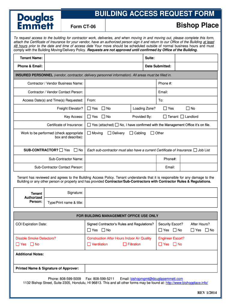 Fillable Online bishopplace TENANT INFORMATION FORM BUILDING ACCESS ...