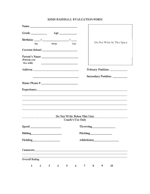 Fillable Online rsm rcschools RSMS BASEBALL EVALUATION FORM Name Grade ...