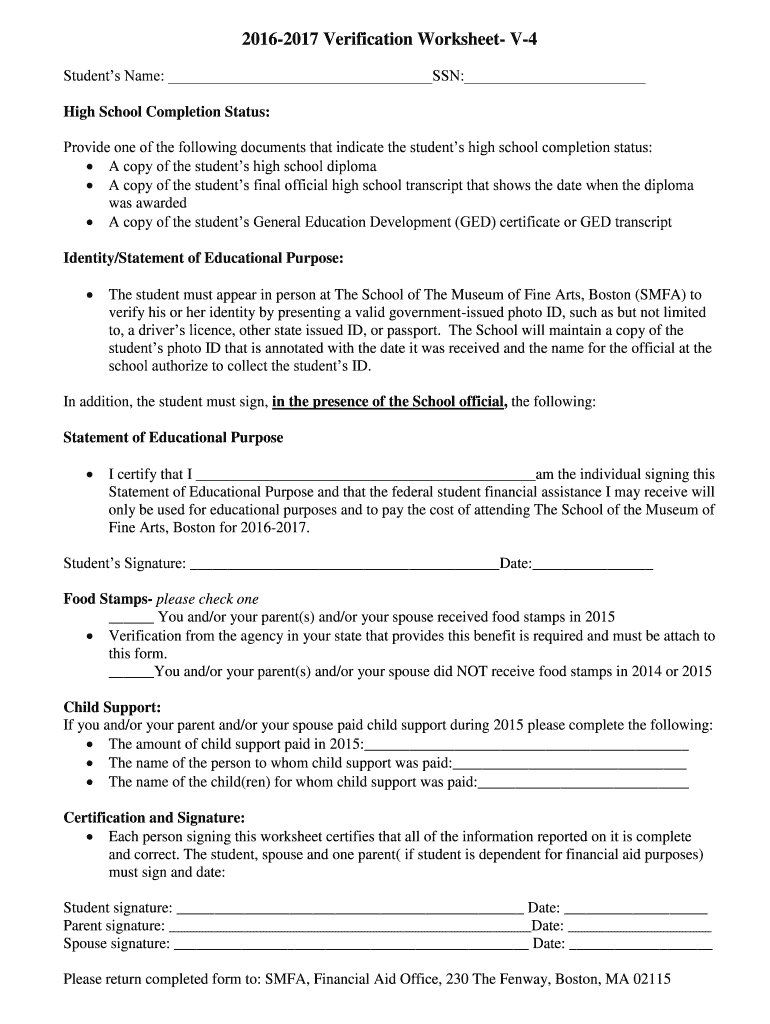 Fillable Online smfa 20162017 Verification Worksheet V4 Students Name ...