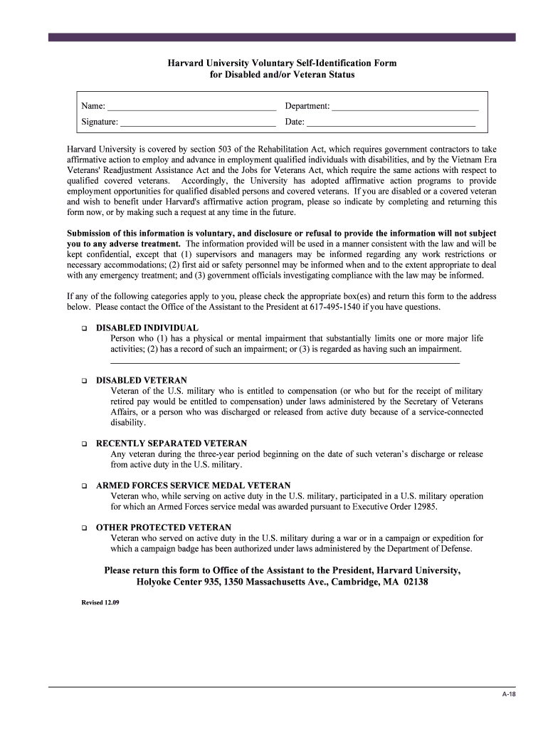 Fillable Online Harvard University Voluntary Self-Identification Form ...