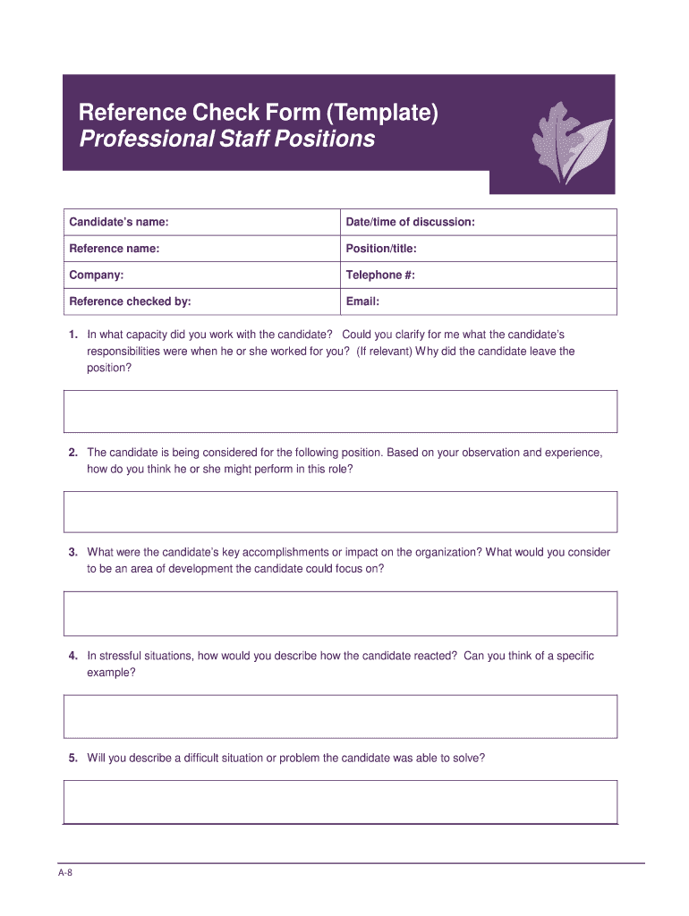 Fillable Online Reference Check Form Template Professional Staff ...