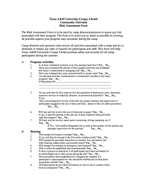 Fillable Online outreach tamucc Summer Camp Risk Assessment Form - the ...