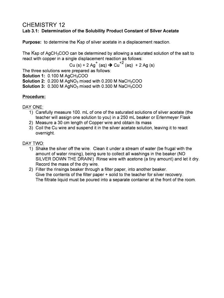 Fillable Online 1: Determination of the Solubility Product Constant of ...