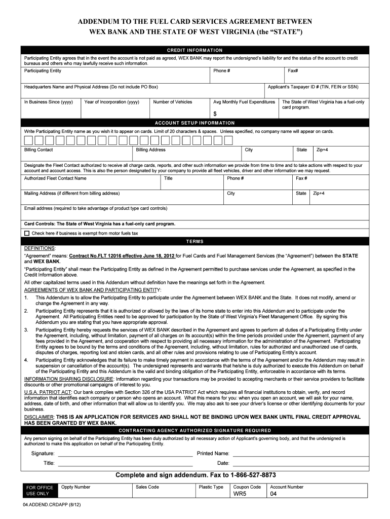 Fillable Online WEX Inc Vermont Fuel Card Agreement Addendum Addendum ...