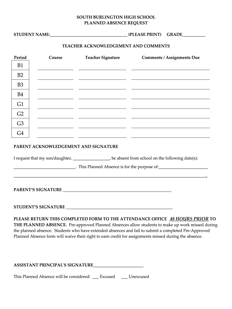 South Burlington High School Planned Absence Form - Fill Online ...