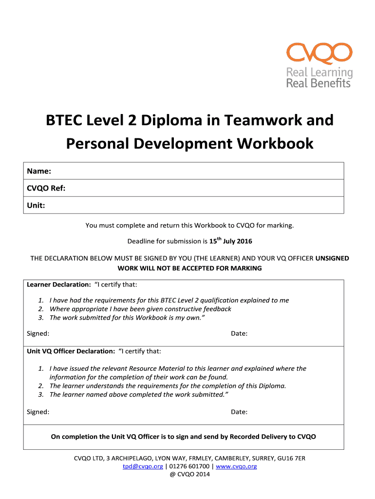 Fillable Online 1406sqnatc org BTEC Level 2 Diploma in Teamwork and Fax ...