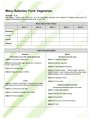 Fillable Online Menu Selection Form Vegetarian - Hosanna Farmstay Fax ...