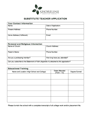 Fillable Online shorelinechristian SUBSTITUTE TEACHER APPLICATION ...