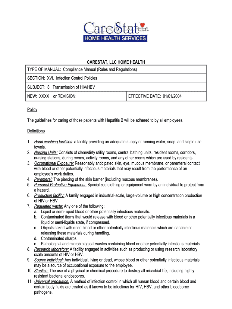 Fillable Online SECTION: XVI. Infection Control Policies - CareStat ...