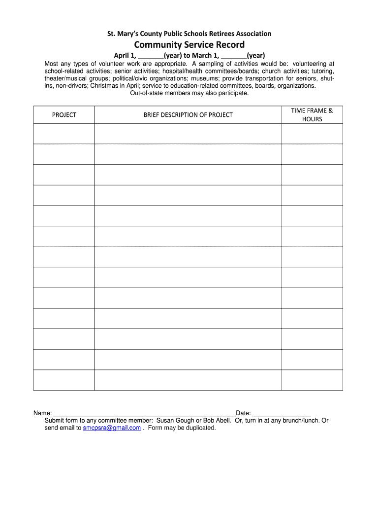 Fillable Online smcpsra Community Service Record - bSMCPSRAb Fax Email ...