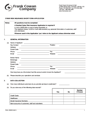 Fillable Online Cyber Risk Insurance Short Form Application Fax Email ...