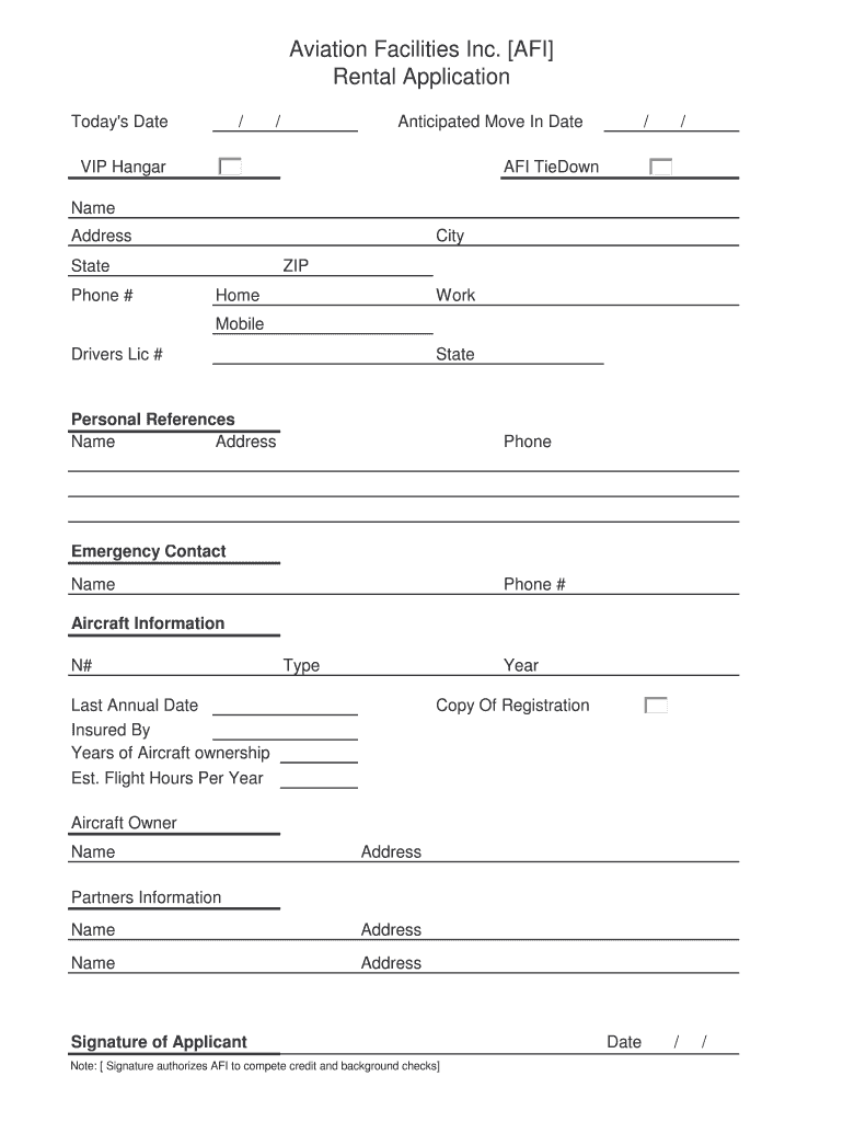 Fillable Online Aviation Facilities Inc AFI Rental Application Fax ...
