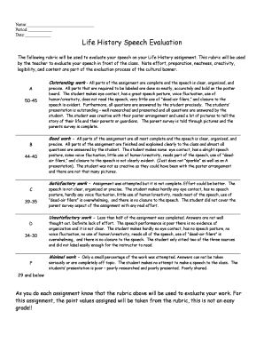 Fillable Online Life History Speech Rubricdoc Fax Email Print - pdfFiller