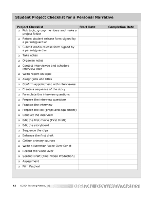 Fillable Online Student Project Checklist for a Personal Narrative Fax ...