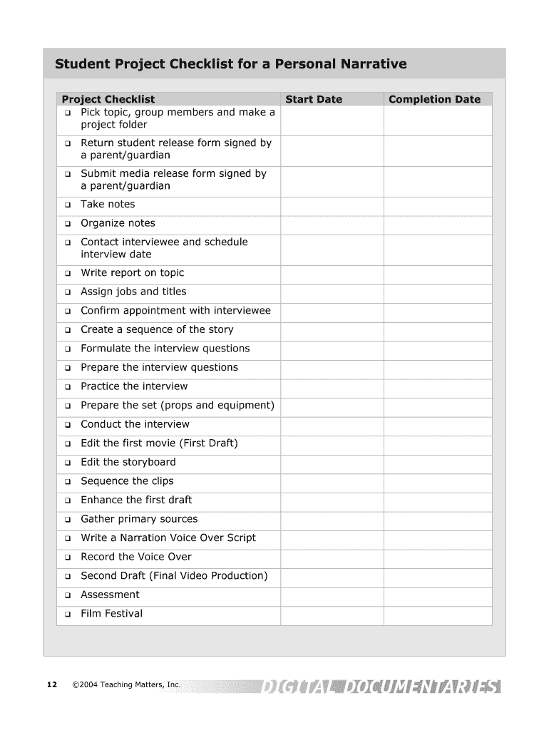 Fillable Online Student Project Checklist for a Personal Narrative Fax ...