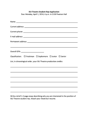 Fillable Online theatre iastate Student Rep Application Form - Theatre ...