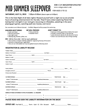 Fillable Online Mid Summer Sleepover Registration Form 2015.doc Fax ...