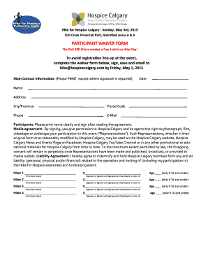 Fillable Online PARTICIPANT WAIVER FORM - Hospice Calgary Fax Email ...