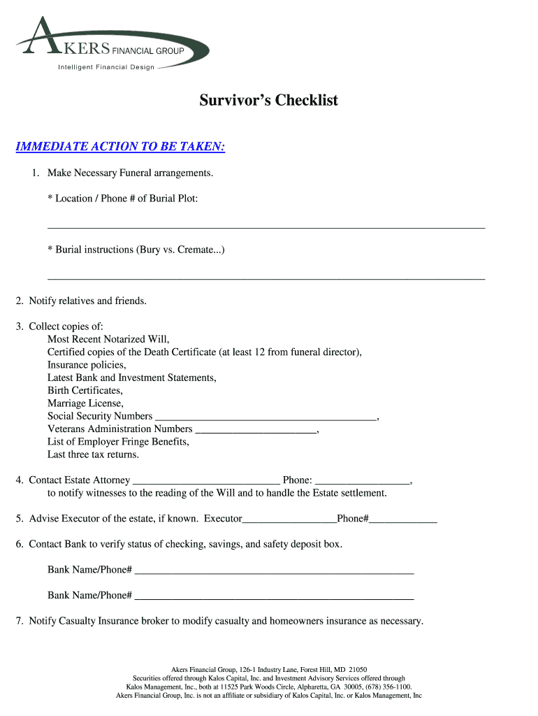 Fillable Online Survivors Checklist Fax Email Print - pdfFiller