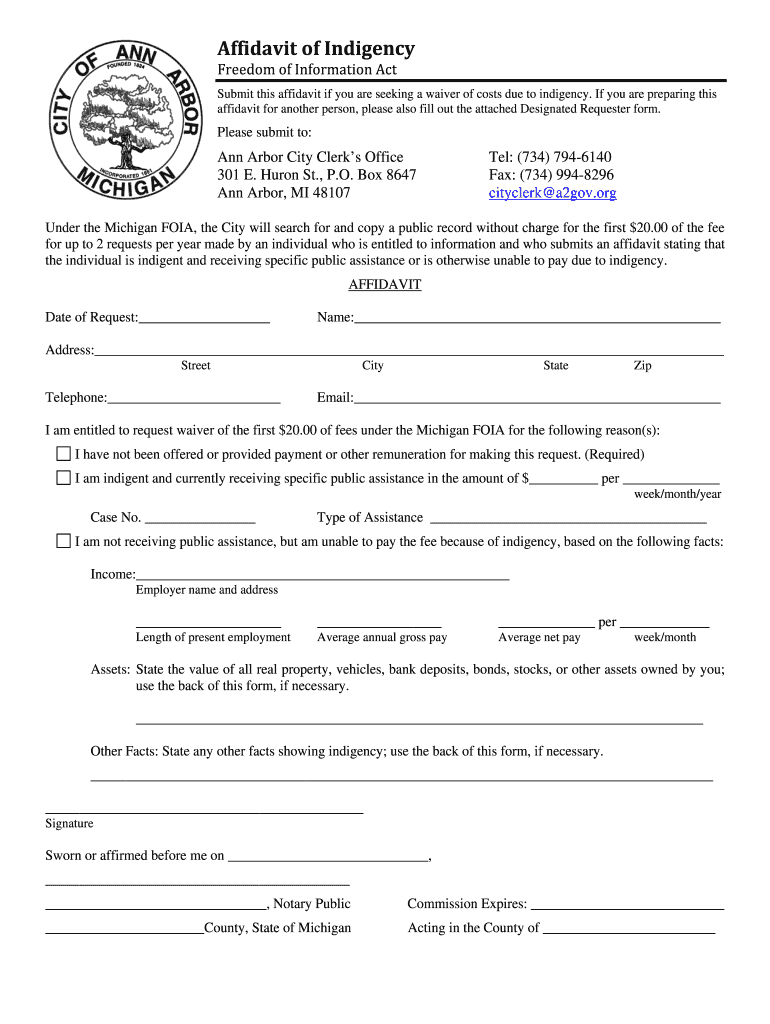 Fillable Online a2gov Affidavit of Indigency and Designated Requester ...