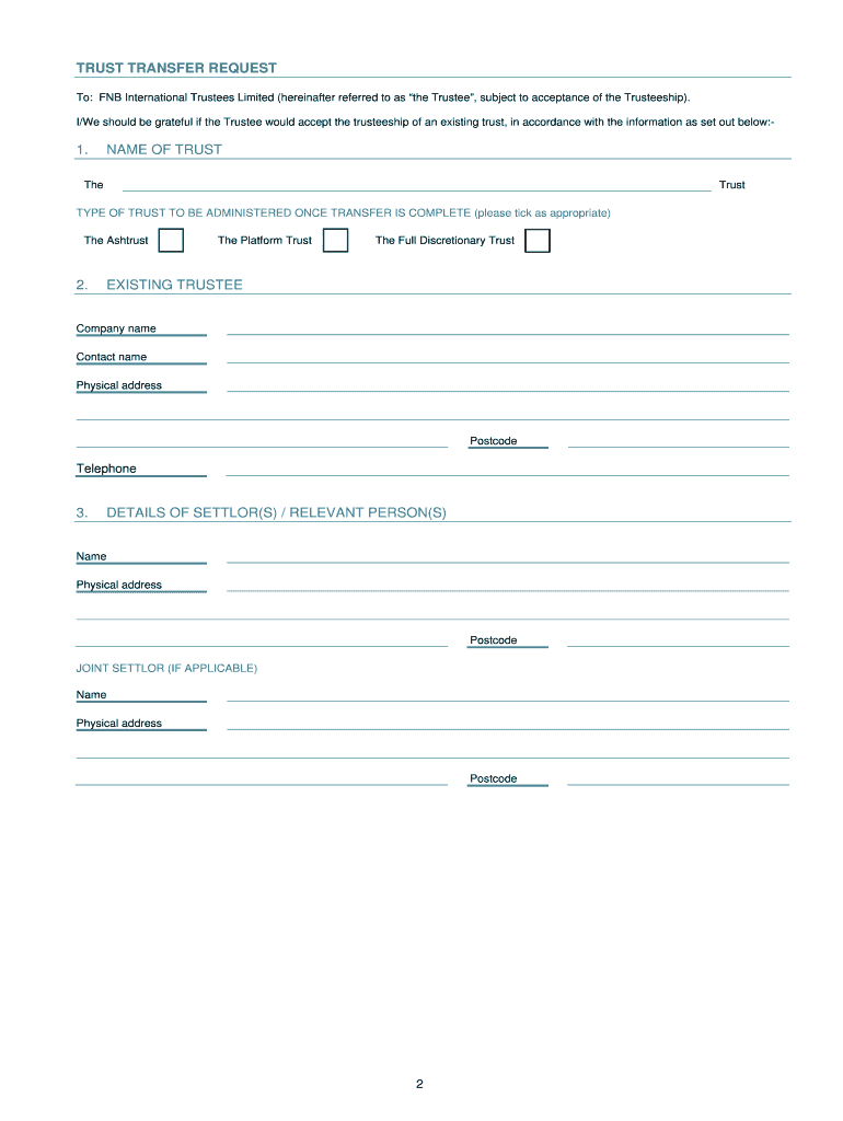 Fillable Online TRUST TRANSFER FORM - FNB International Trustees Fax ...