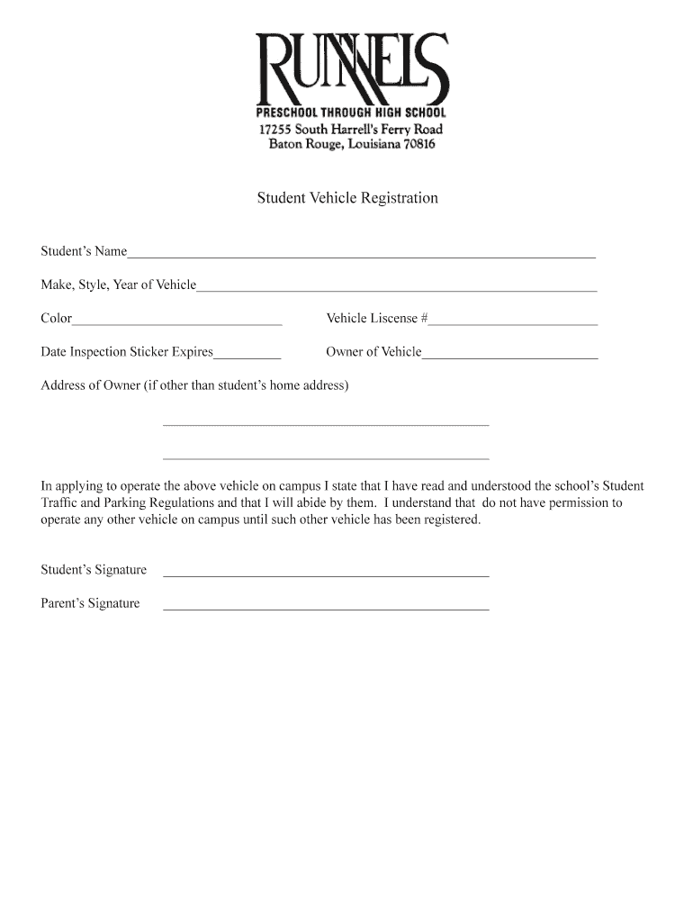 Fillable Online Student Vehicle Registration - runnelsorg Fax Email ...