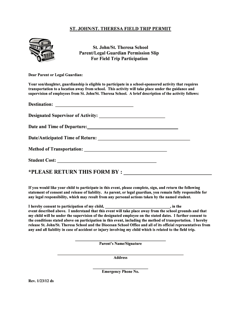 Fillable Online sjp-sta PLEASE RETURN THIS FORM BY - St John Primary ...