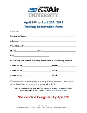 Fillable Online Training Reservation Form - United CoolAir Fax Email ...