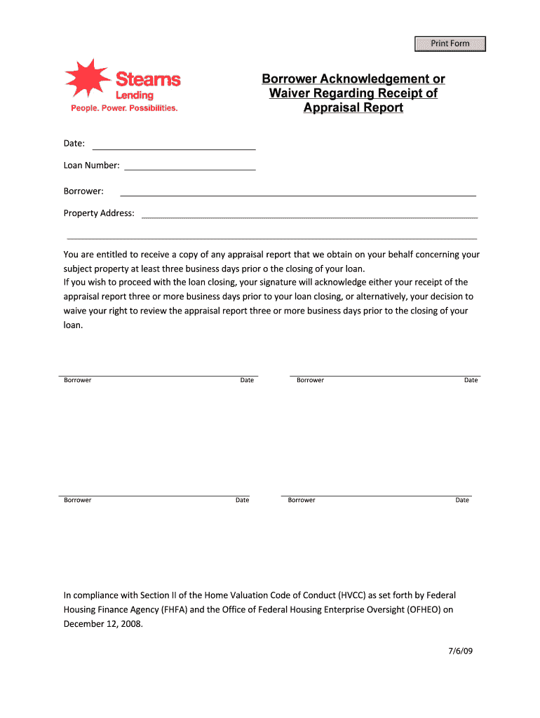 Fillable Online Borrower Acknowledgement or Waiver Regarding Receipt of ...
