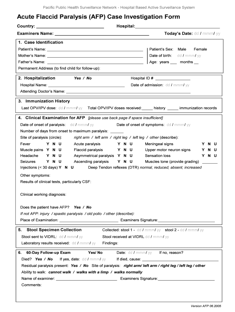 Fillable Online pphsn Acute Flaccid Paralysis AFP Case Investigation ...