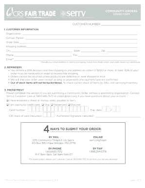 Fillable Online COMMUNITY ORDERS ORDER FORM - crsfairtradeorg Fax Email ...