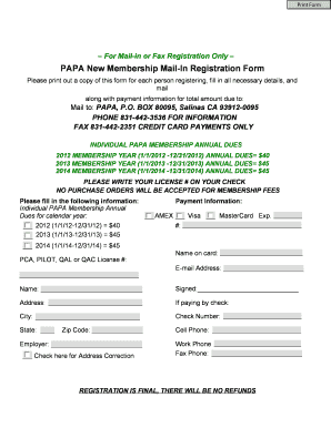 Fillable Online PAPA New Membership Mail-In Registration Form Fax Email ...