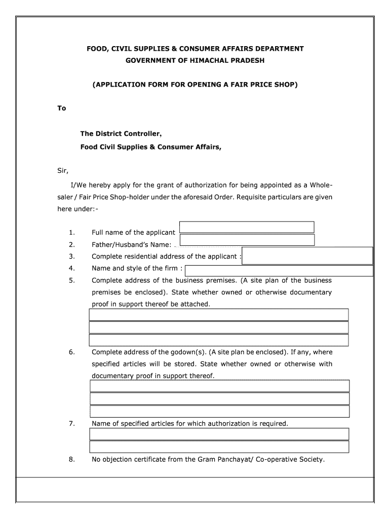 Fillable Online himachalforms nic Application form for opening a fair price - Himachal Pradesh ...