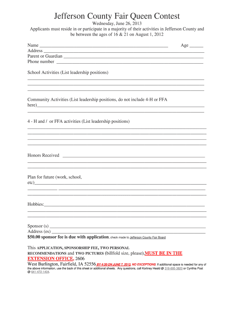 Fillable Online Jefferson County Fair Queen Contest - the Greater ...
