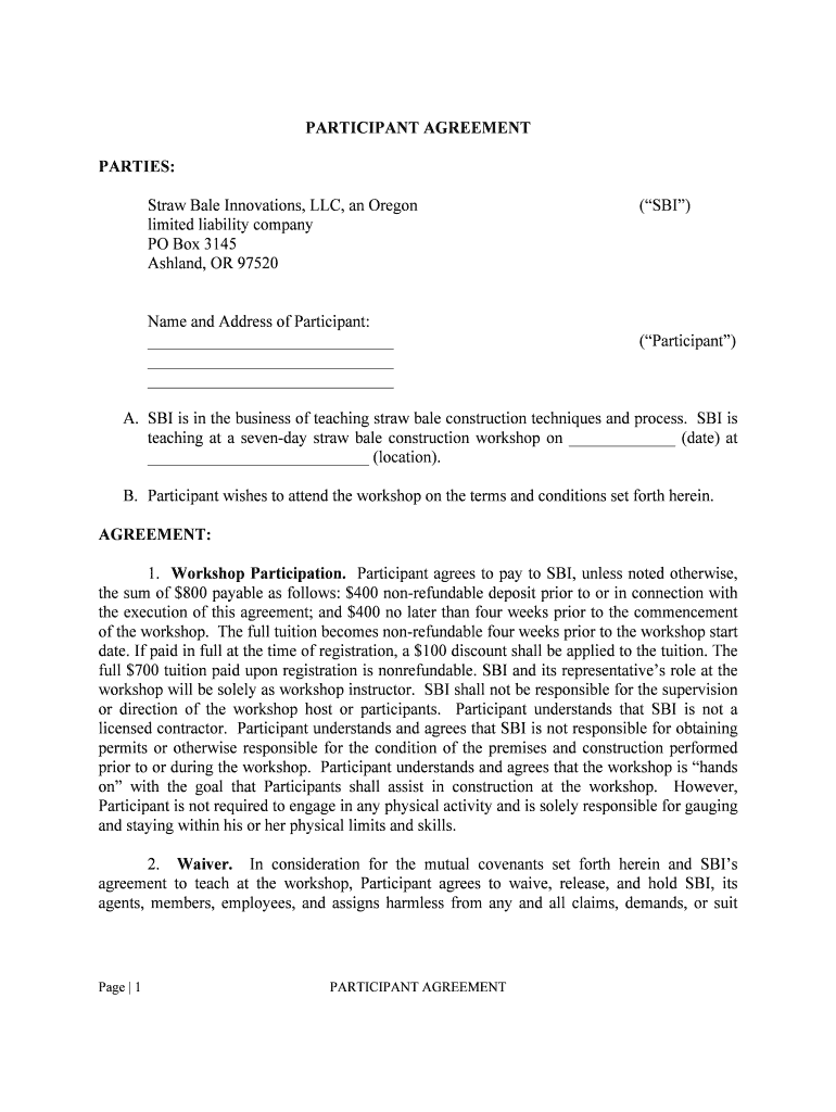 Fillable Online PARTICIPANT AGREEMENT PARTIES: Straw Bale Innovations ...