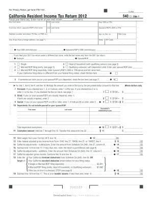 Fillable Online 2012 Form 540 -- California Resident Income Tax Return ...