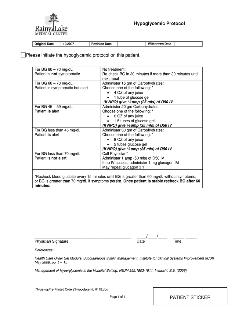 Fillable Online Hypoglycemic Protocol PATIENT STICKER Please initiate ...
