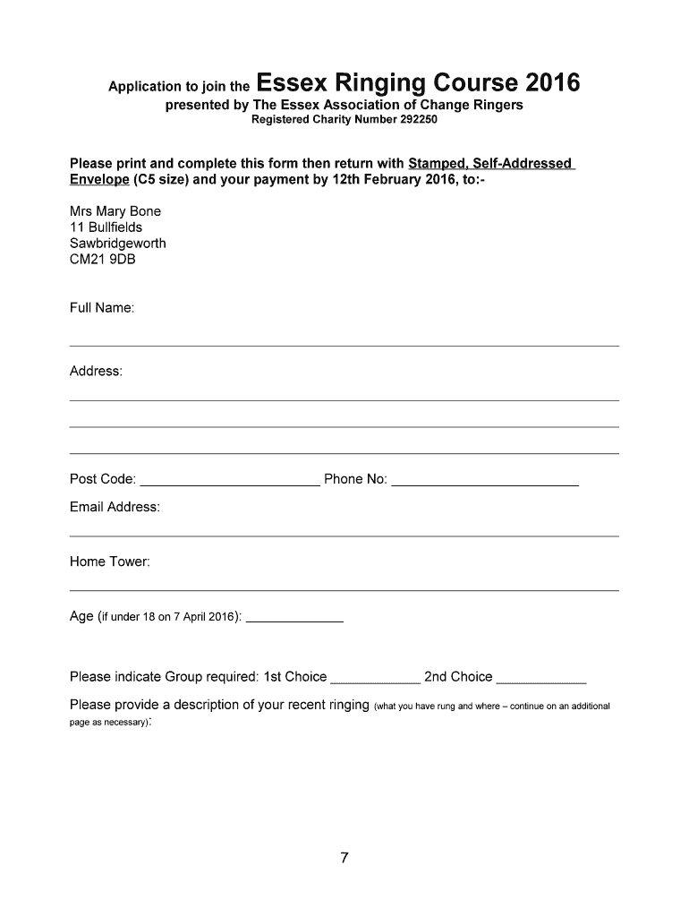 Fillable Online eacr org 2016 Course application form - Essex Association of Change Ringers ...