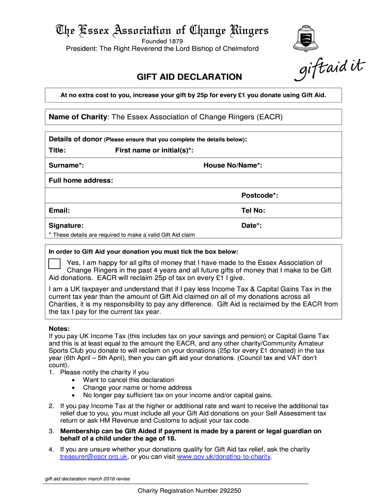 Fillable Online eacr org Gift aid declaration - Essex Association of ...