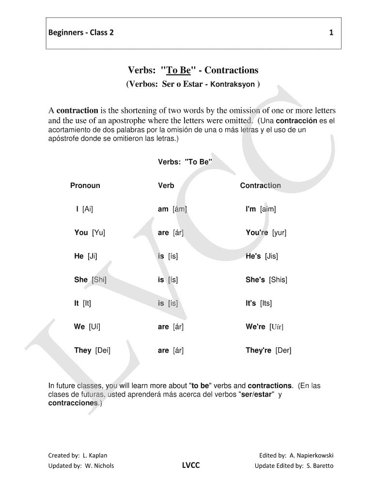 Fillable Online Verbs To Be - Contractions - bWikispacesb Fax Email Print - pdfFiller